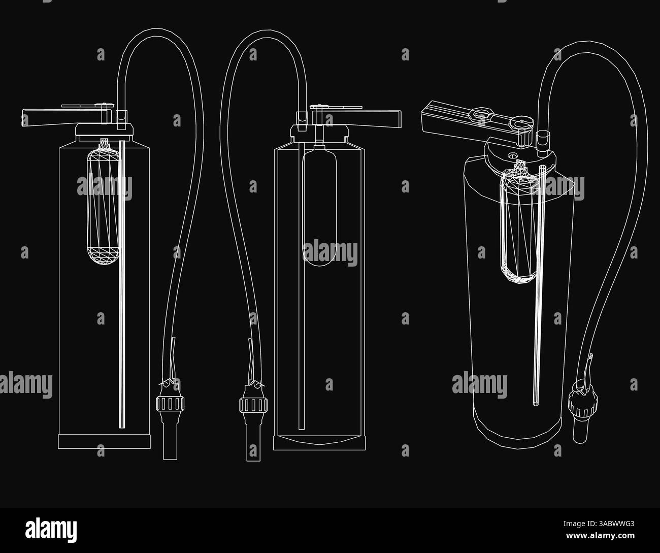 Three different drawings of a Fire extinguisher with a hose attached to ...