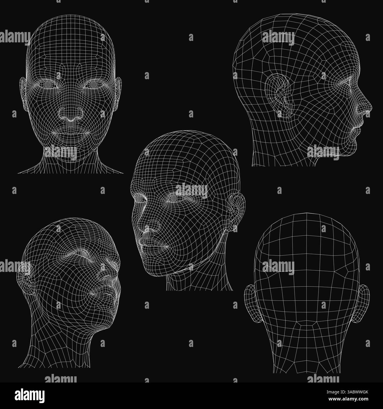 A series of five different faces, all of which are made of wire and ...