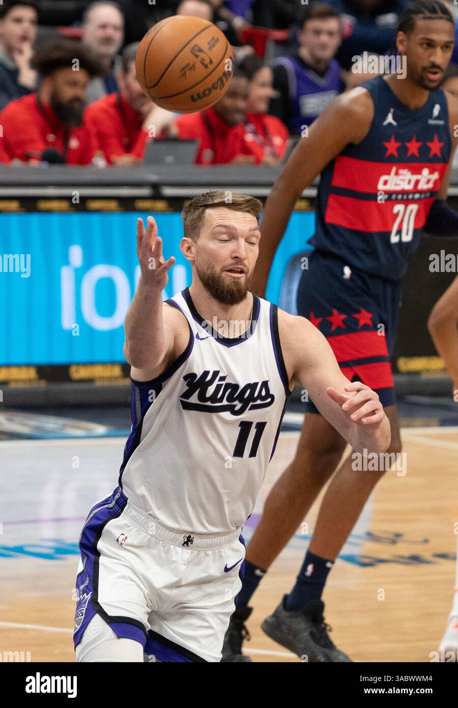 WASHINGTON, DC - APRIL 02: Sacramento Kings forward Domantas Sabonis (11) pulls in a rebound ...