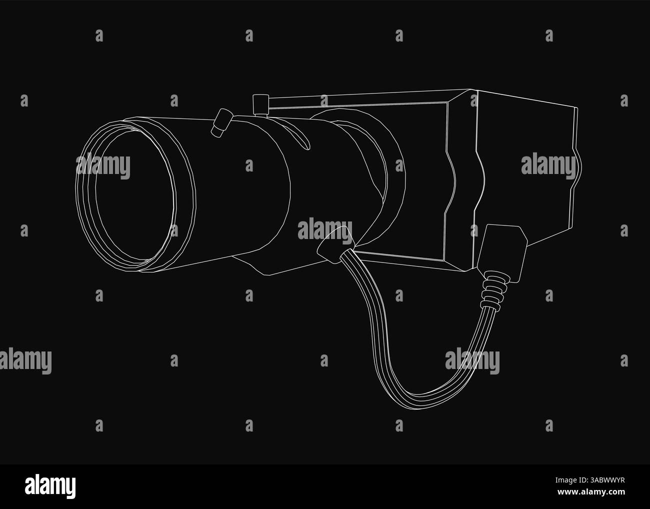 A black and white drawing of a camera with a cord attached to it. The ...