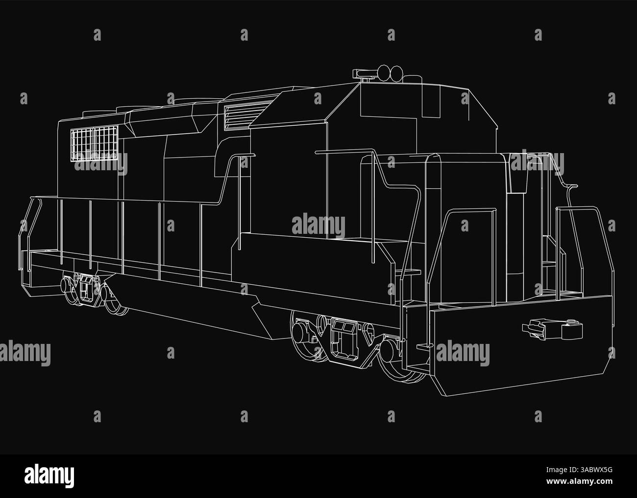 A train is shown in black and white. The train is a long, narrow, and ...