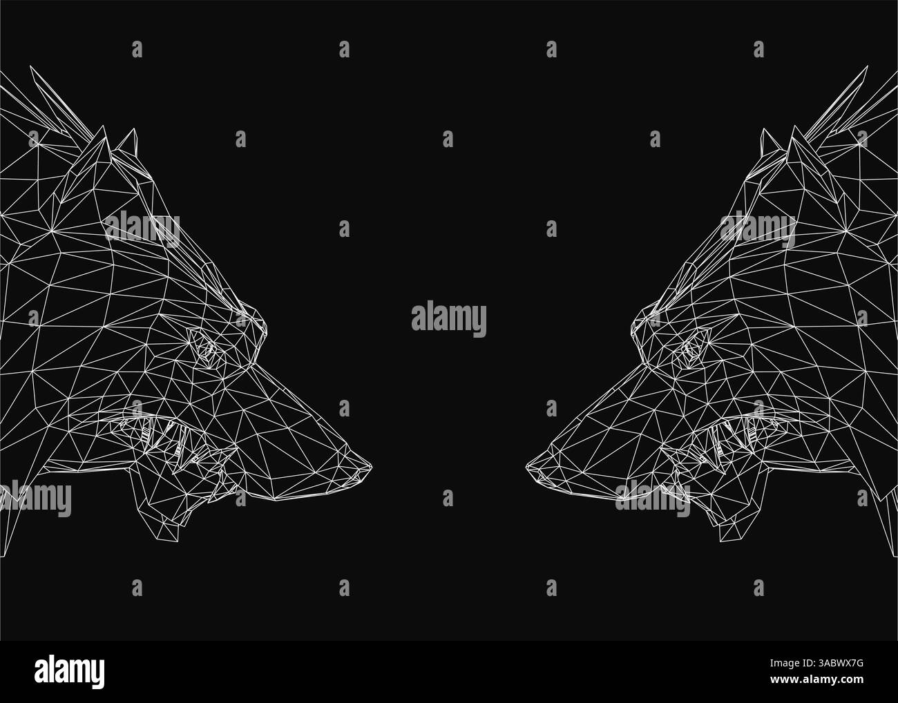 Two wolf heads are shown in a black background. The image is a black ...