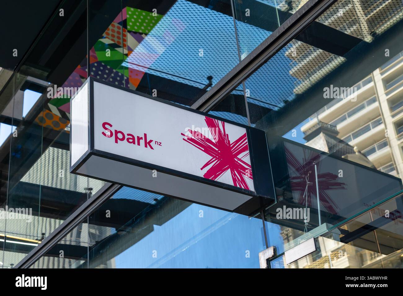 Auckland, New Zealand - February 1, 2024: The Spark logo sign at Spark ...