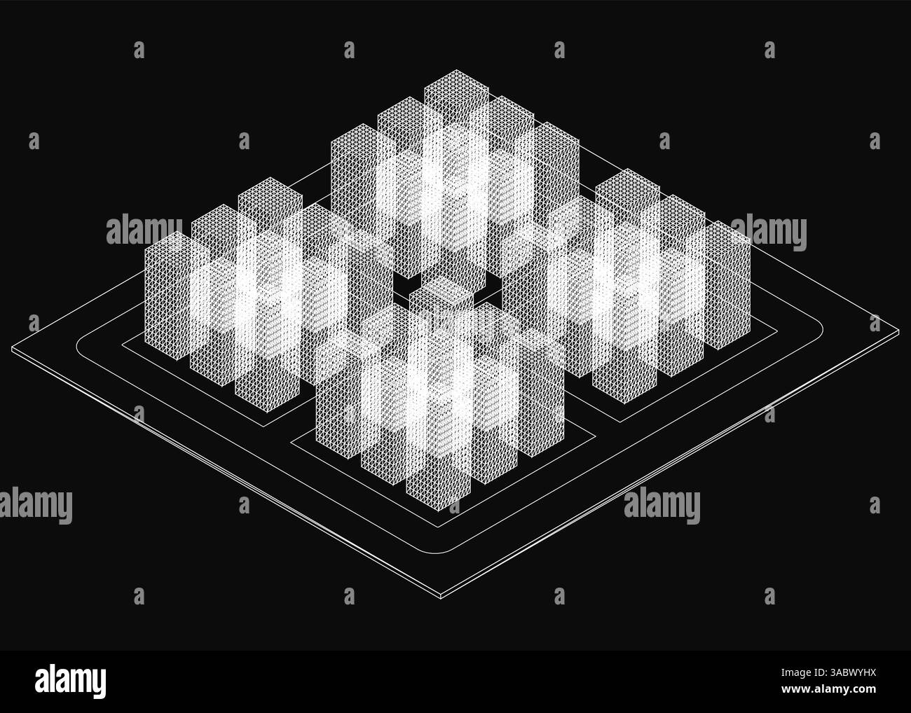 A black and white image of a cityscape with a grid of buildings. The ...