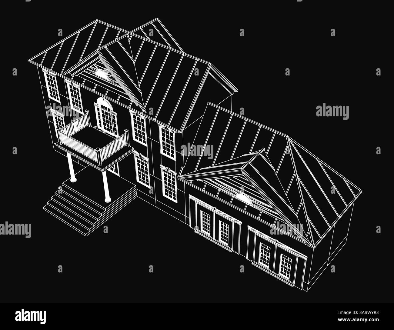 A house with a slanted roof and a balcony. The house is shown in black ...