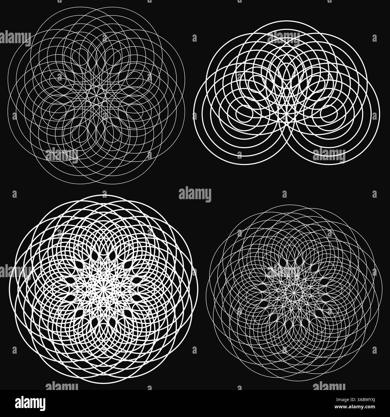 Four different abstract circles with a black background. The circles are all different sizes and ...