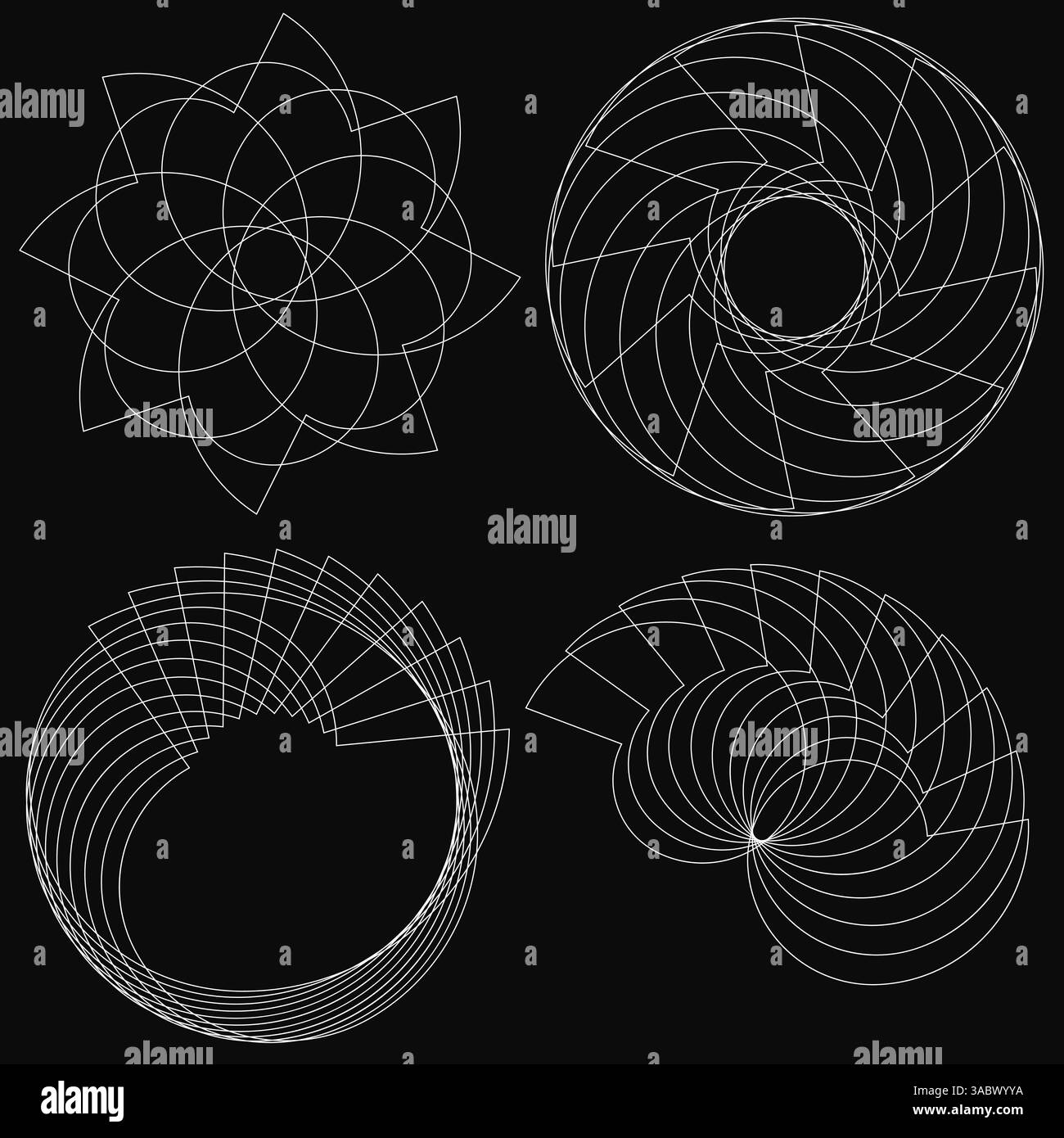 Four different shapes of spirals are shown in black and white. The ...