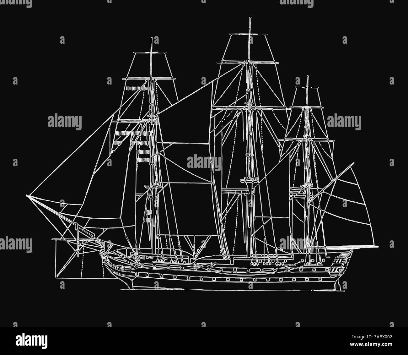 A ship is shown in black and white. The ship is a large sailboat with a ...