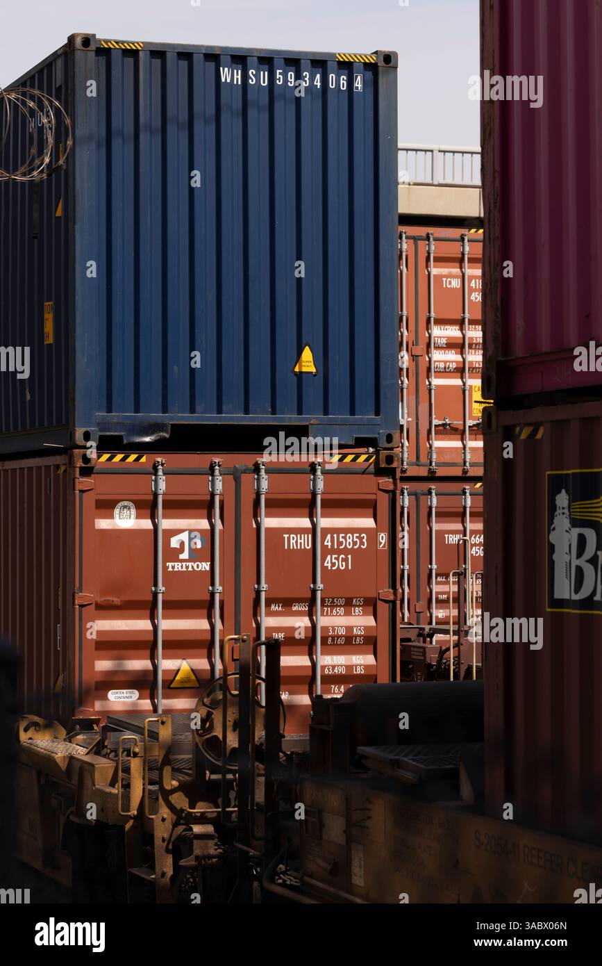 Compton, California, USA - April 2, 2025: An intermodal stack freight ...