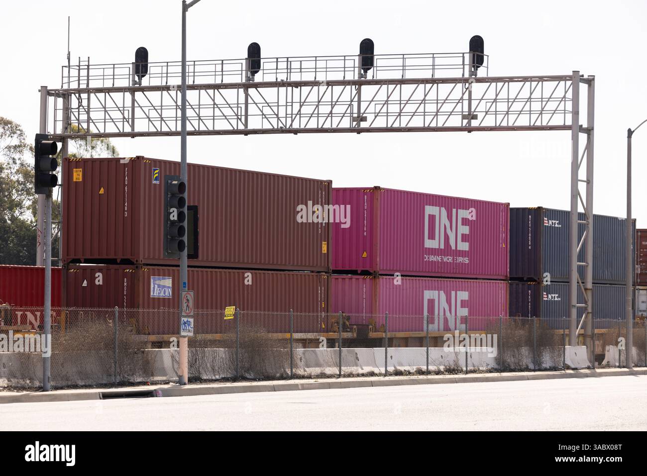 Compton, California, USA - April 2, 2025: An intermodal stack freight ...