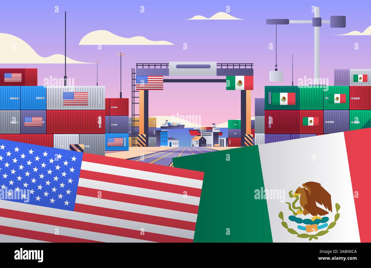 Trade war concept USA Mexico shipping containers flags port scene ...