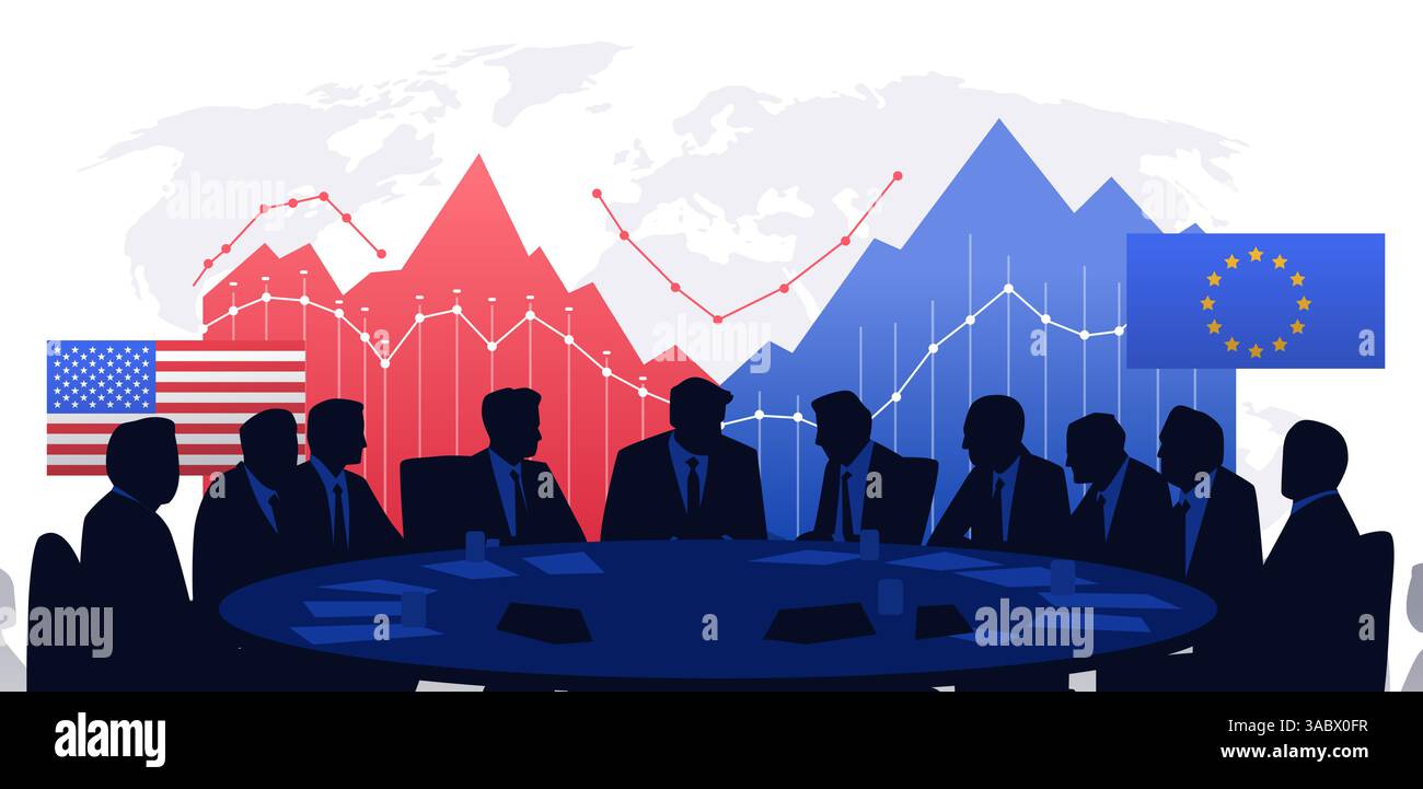 Trade negotiations meeting with silhouettes of people around a table in ...