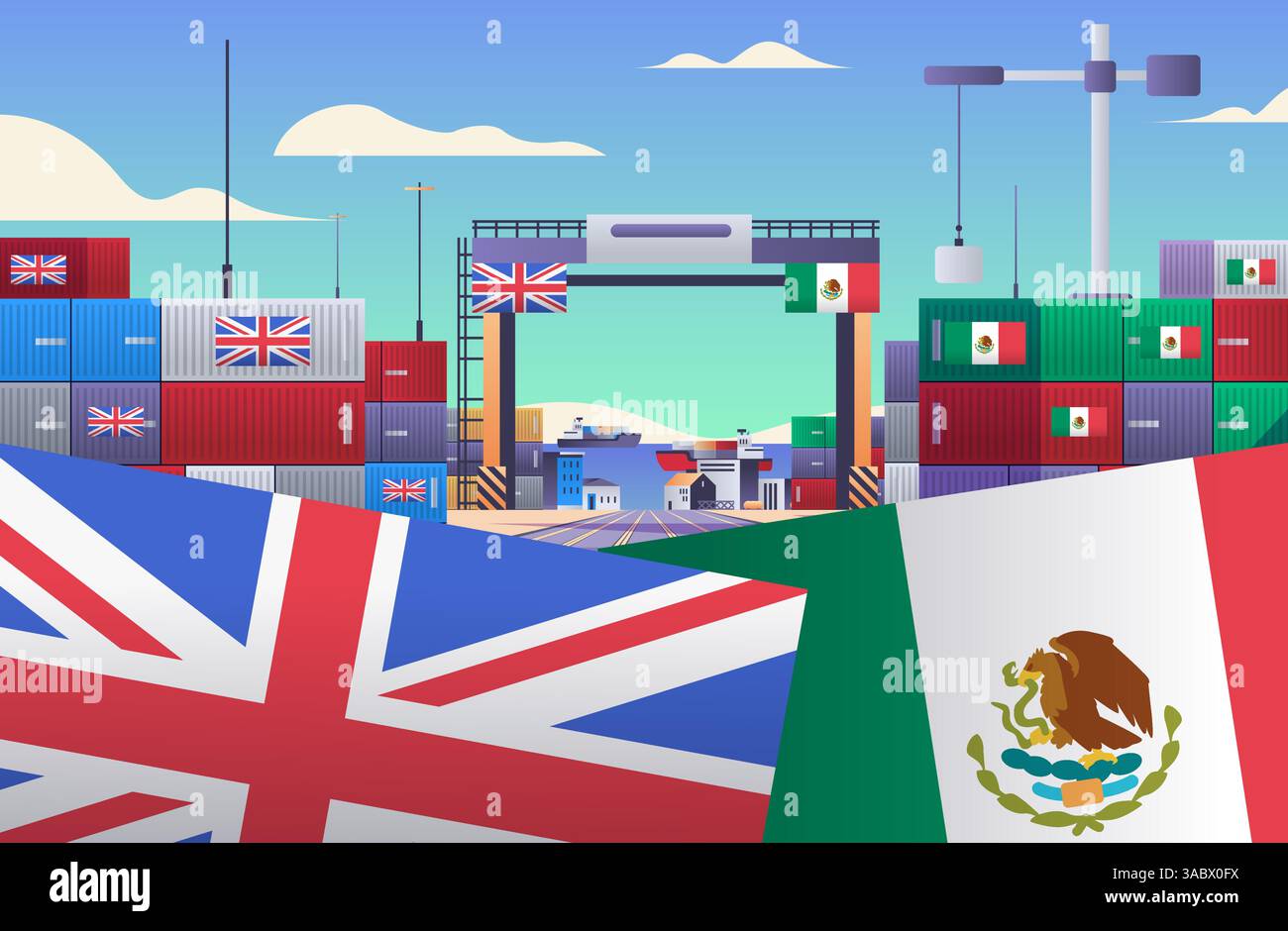UK Mexico trade war concept shipping containers flags port scene ...