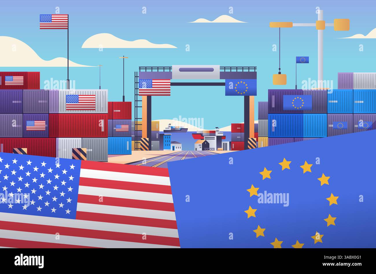 Trade war concept shipping containers flags USA EU port scene colorful ...