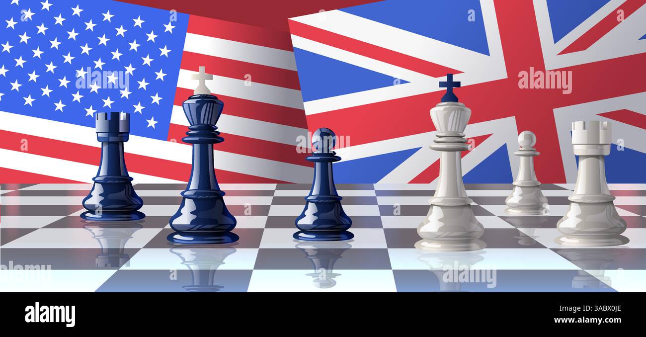 Chess pieces trade war concept with US and UK flags background. Black ...
