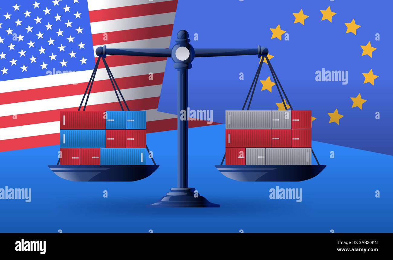 Trade war concept balance scales containers. Illustration depicts US ...