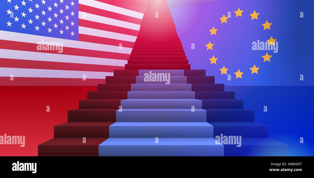 US EU trade war concept illustration showing a staircase merging flags ...