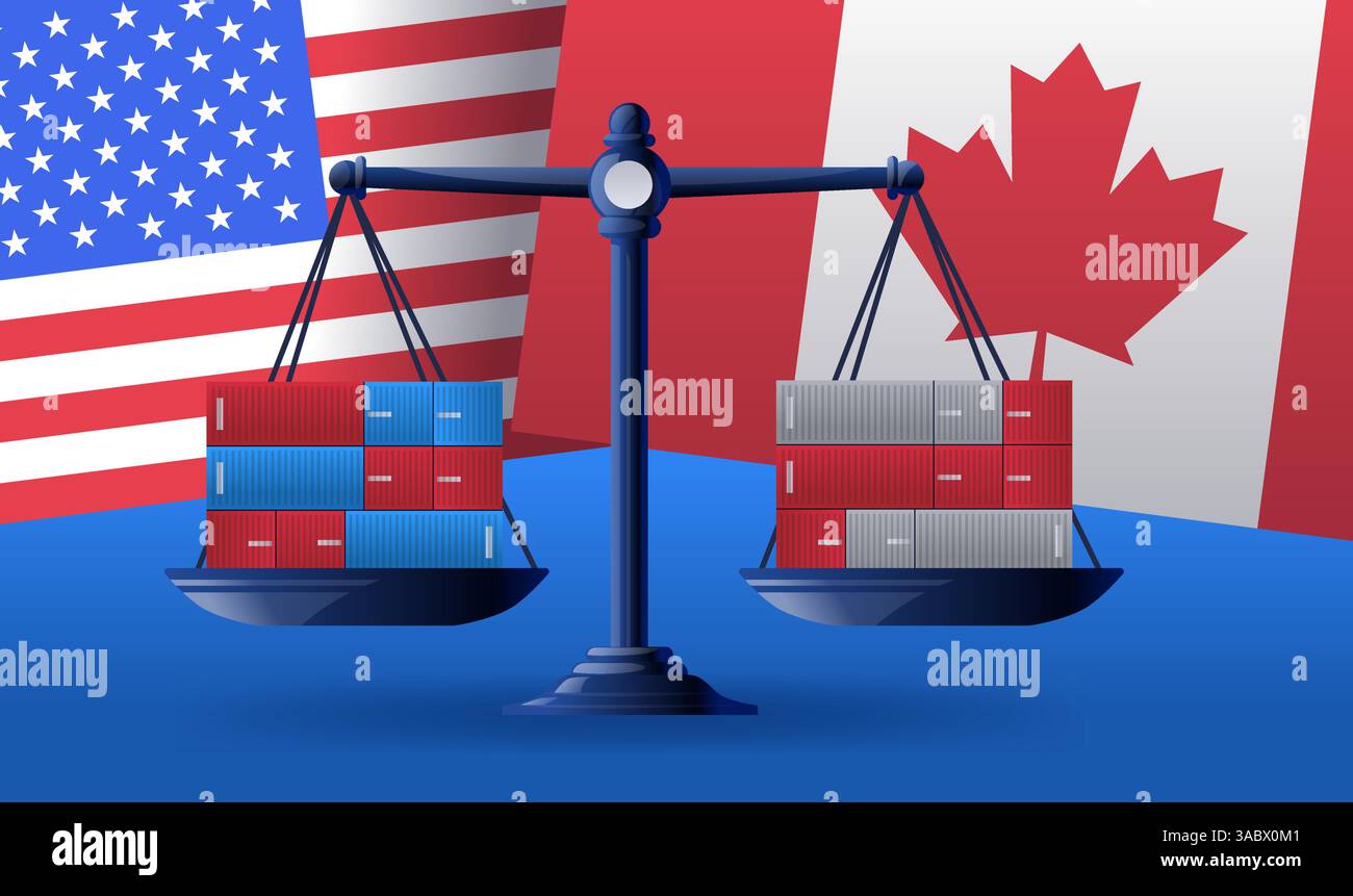 Trade balance concept with scales containers flags. Illustrates trade ...