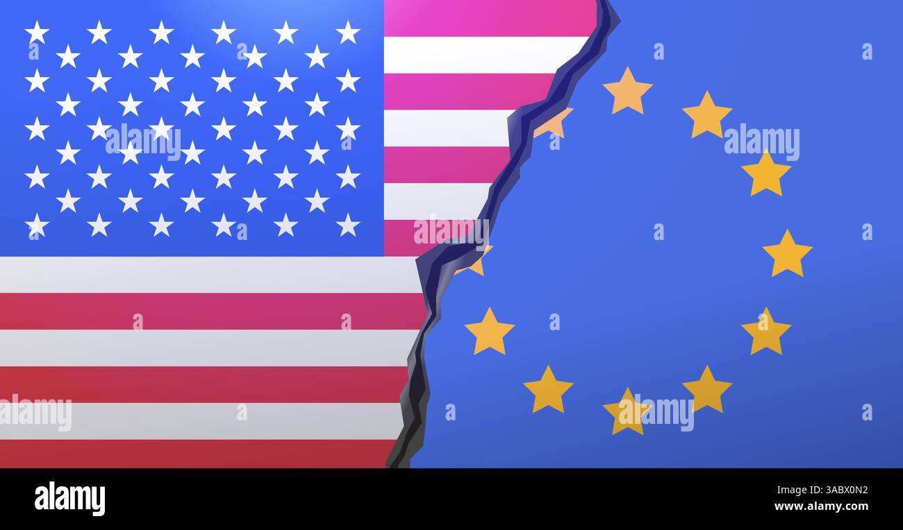 USA EU trade conflict concept flags divided by jagged line representing ...