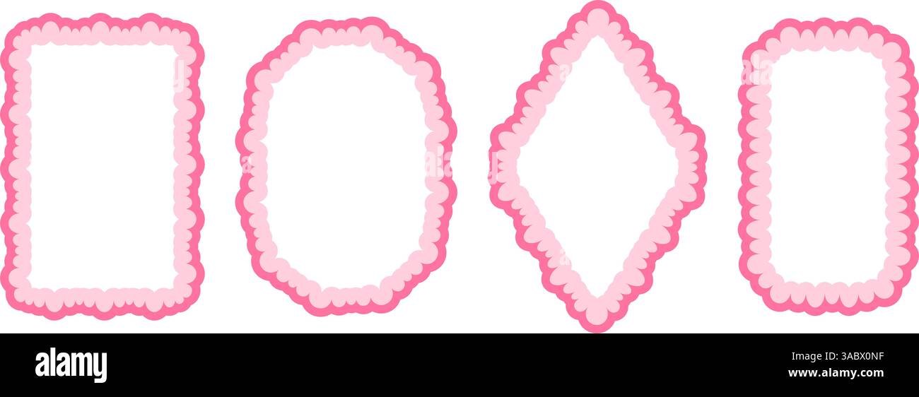 Cute frill pattern frame set. Pink scalloped ellipse and rectangle border collection. Wavy lace ...