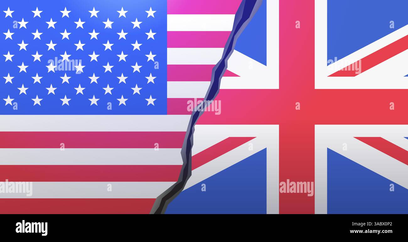 Flags of USA and UK torn apart trade conflict concept split design with ...