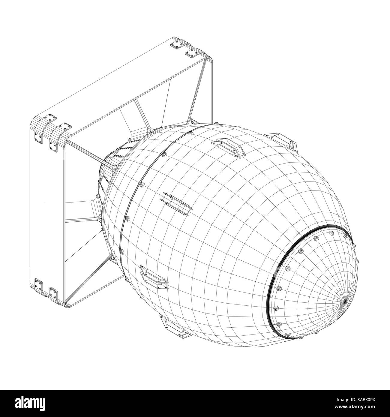 A bomb is shown in a black and white drawing. The bomb is large and has ...