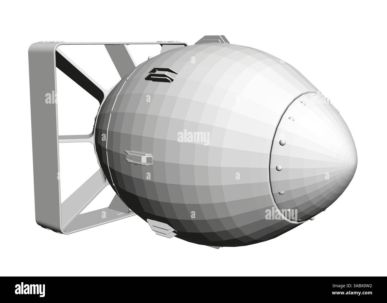 A white model of a bomb with a black stripe on the side. The bomb is in ...