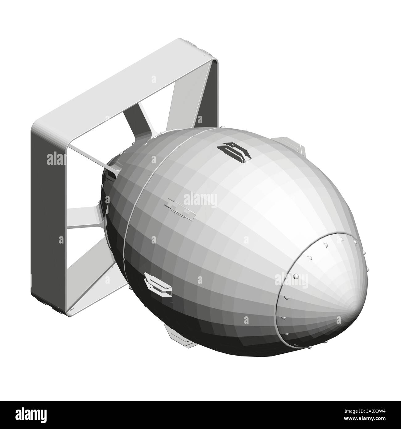 A white and grey bomb with a fan on the side. The bomb is in the middle ...