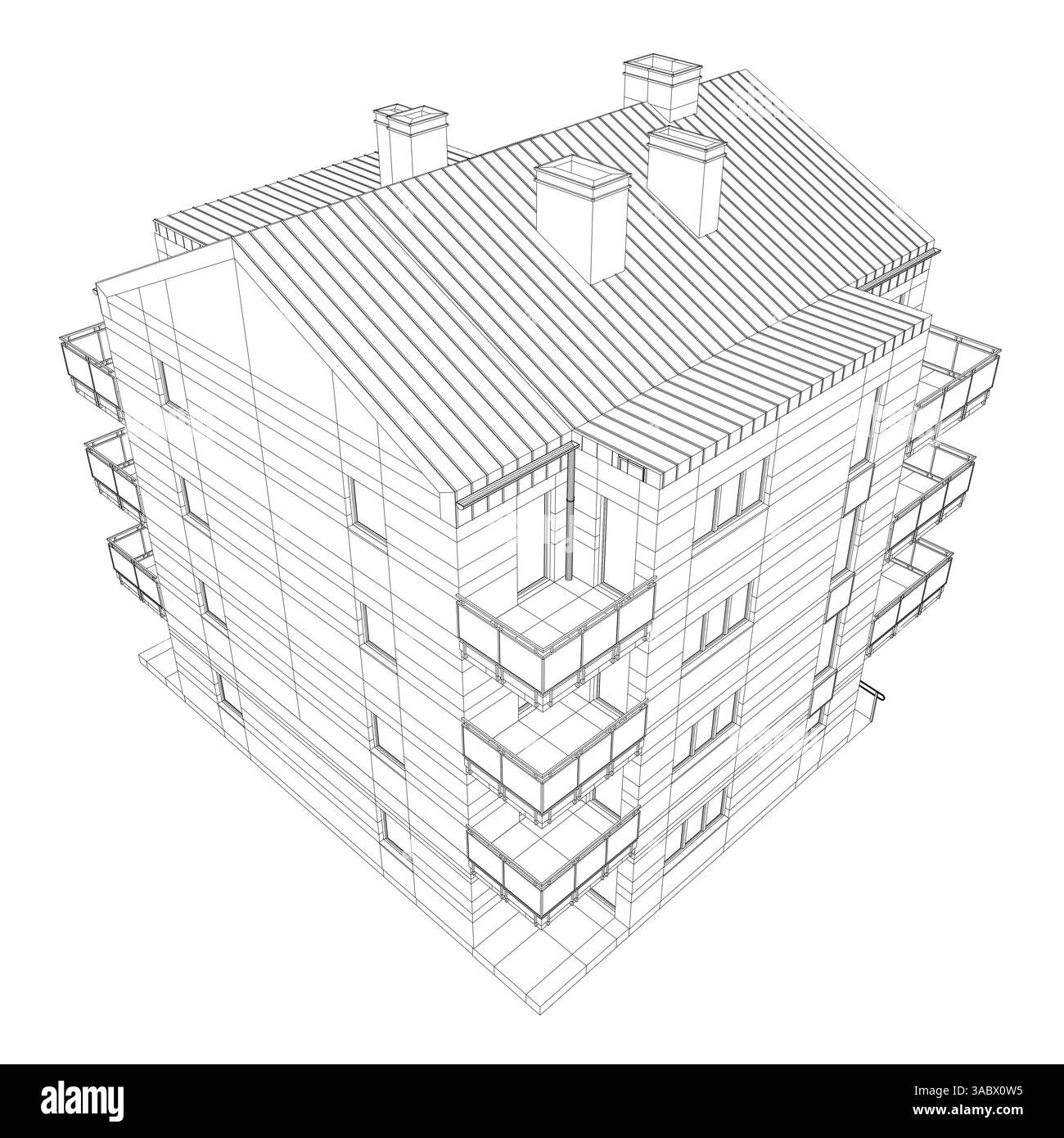 A black and white drawing of a building with a slanted roof. The ...