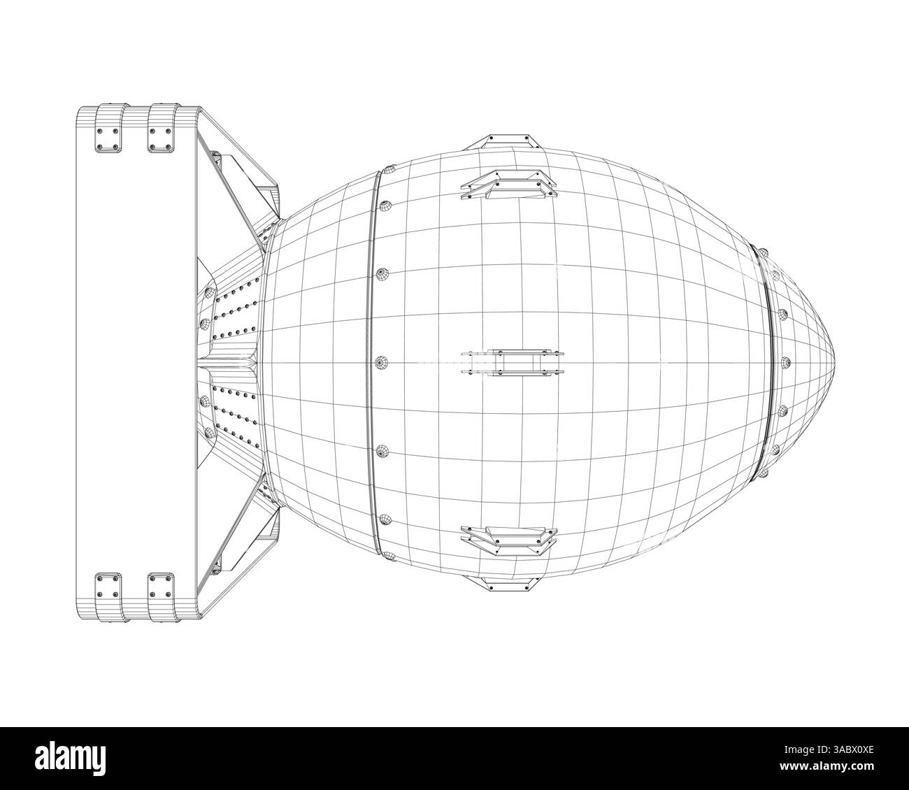 A bomb is shown in a black and white drawing. The bomb is large and has ...