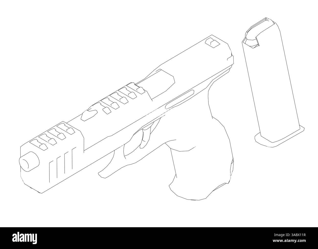 A gun and its magazine are shown in a black and white drawing. The gun ...