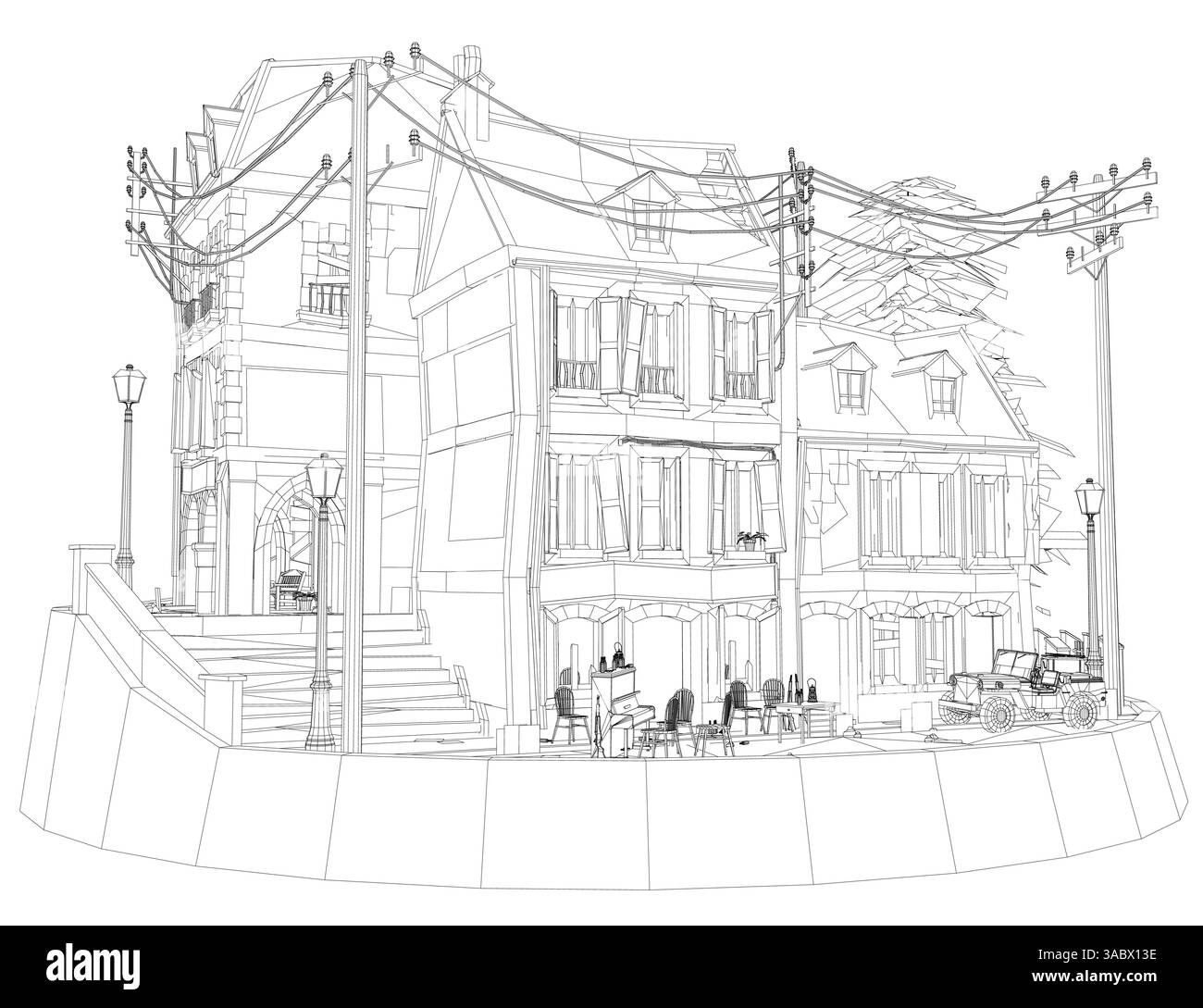 A drawing of a building with a street in front of it. The building has ...