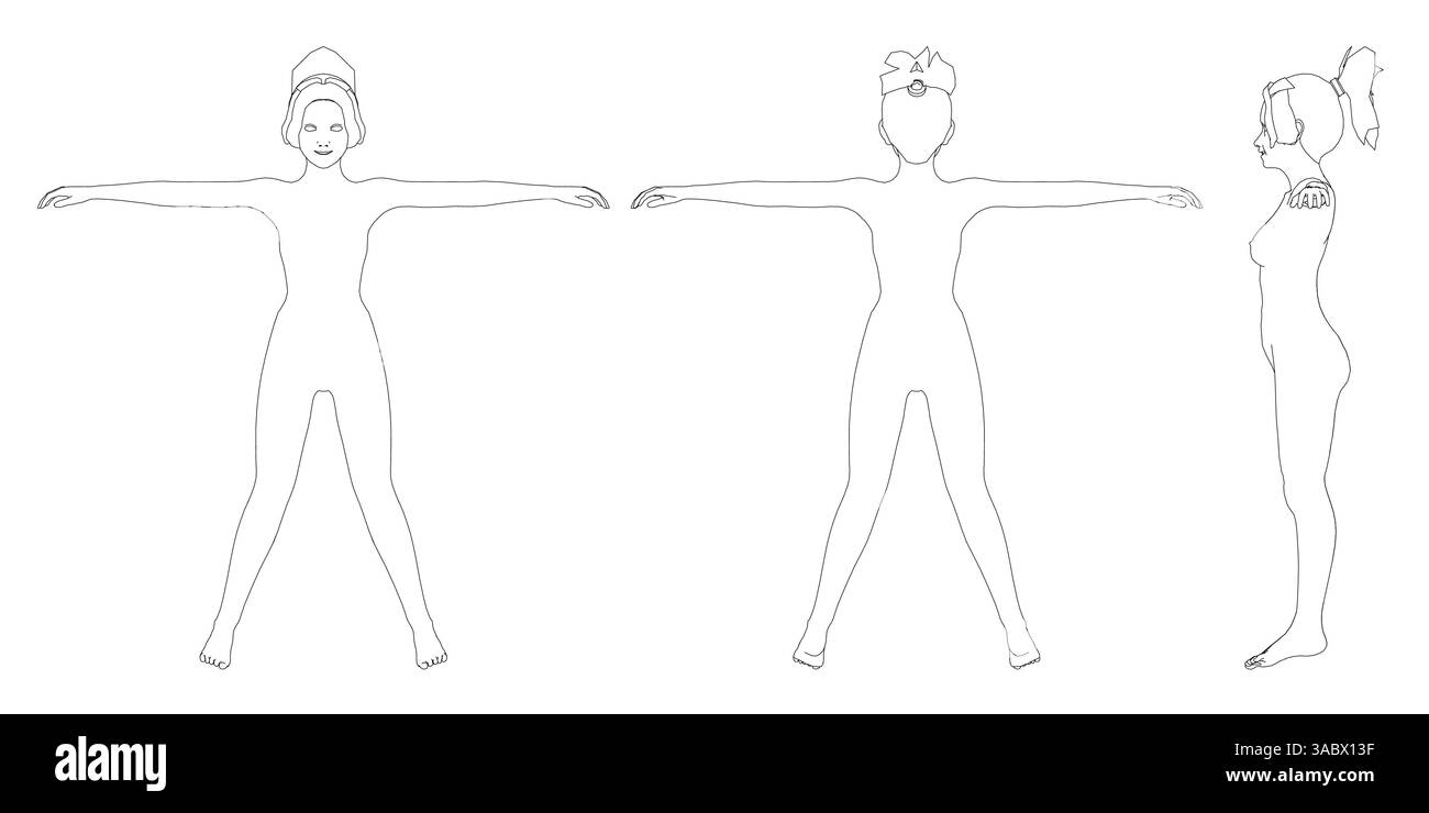 Three people are standing in a line, with their arms outstretched ...