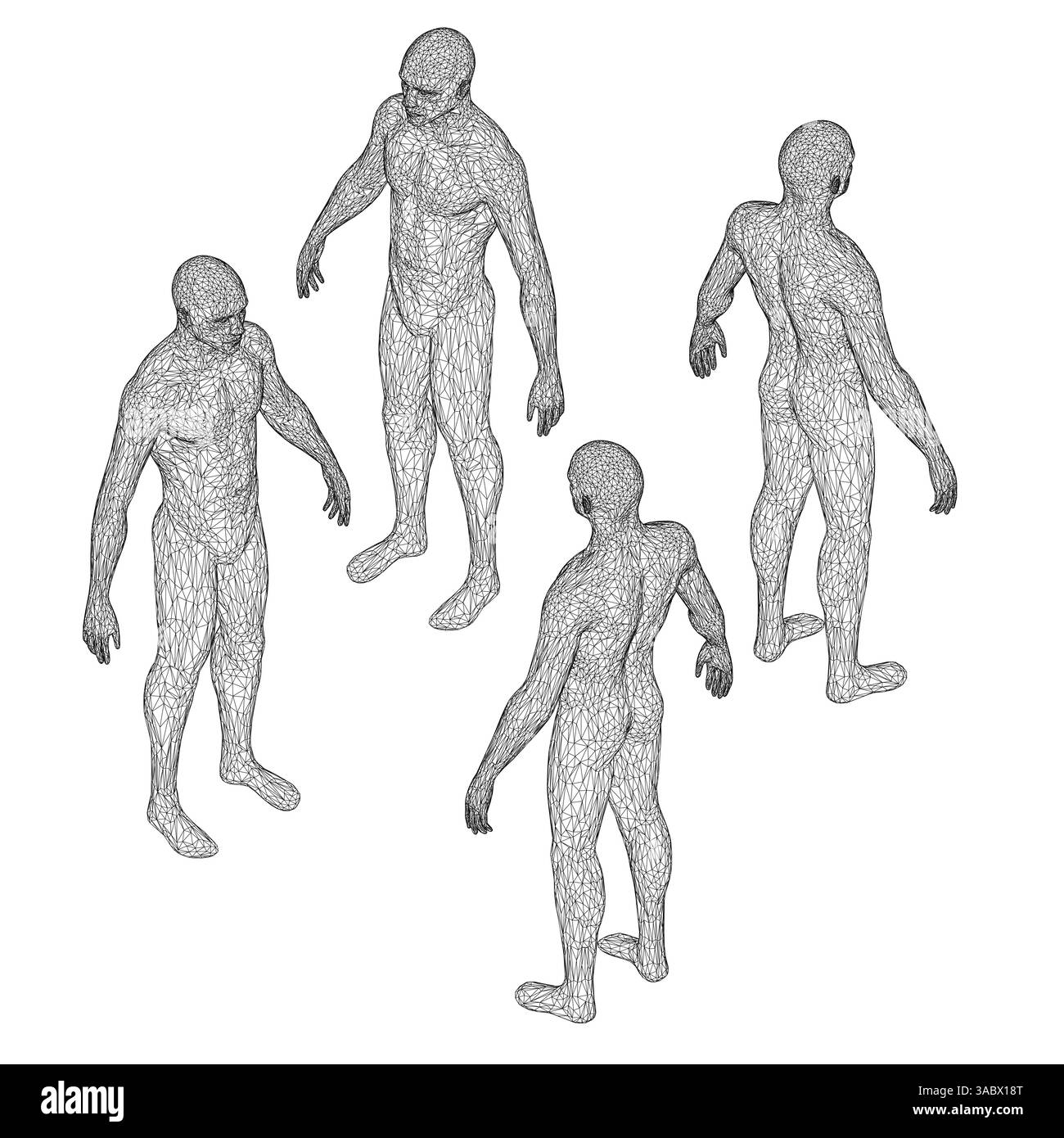 Four figures are standing in a line, each with a different pose. The ...