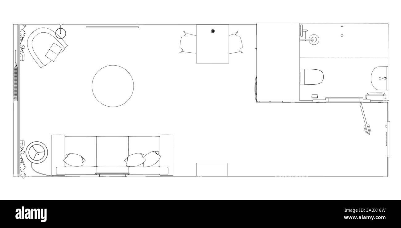 A drawing of a room with a table and chairs. The table is round and the ...