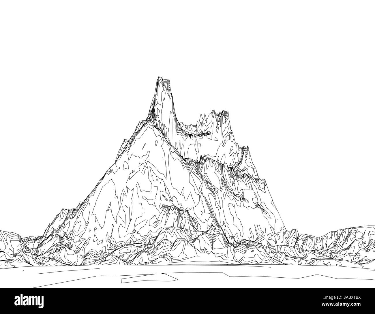 A mountain range is drawn in black and white. The mountain is very tall ...