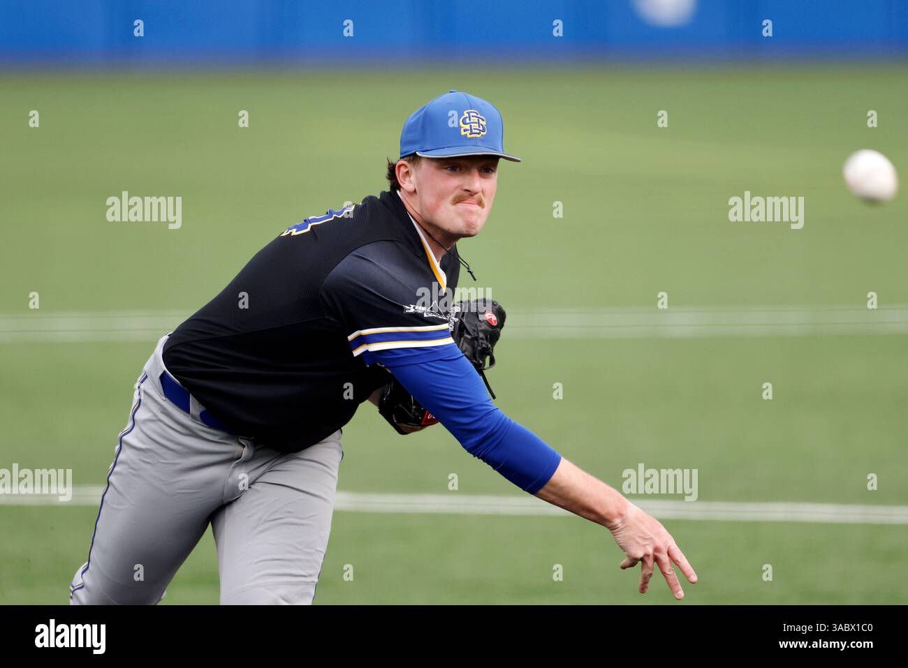 South Dakota State pitcher Drew McDowell delivers to a Kansas batter ...