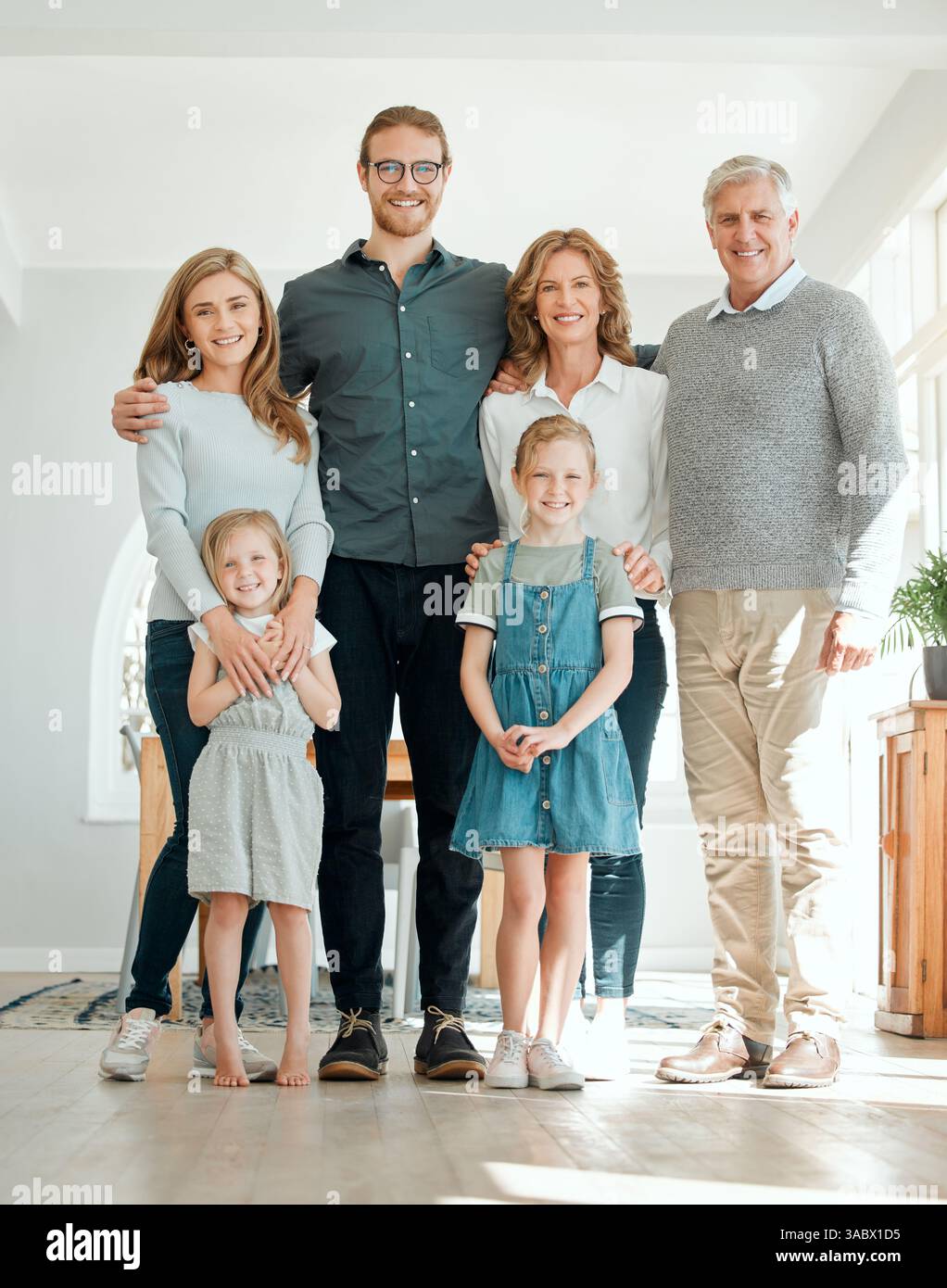 Big family, portrait and happy generations with kids in home for ...