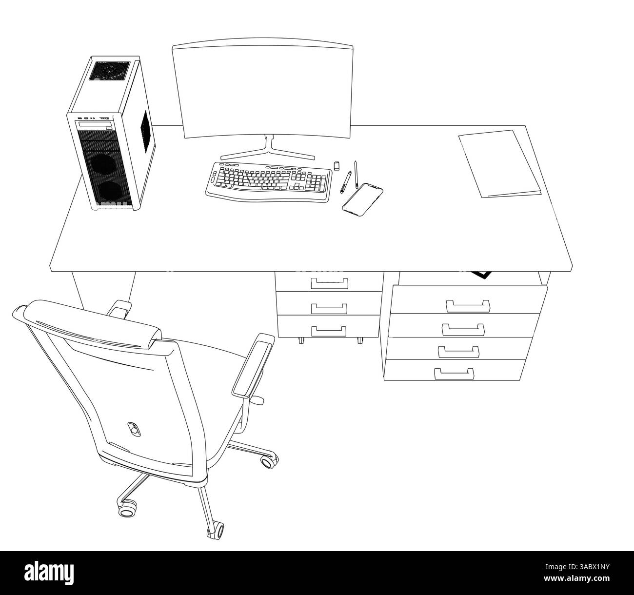 A computer desk with a keyboard, mouse, and a monitor. A chair is ...