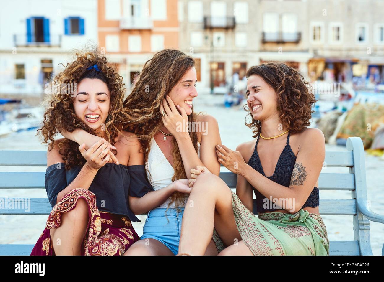 Travel, laugh and women in city in conversation for summer holiday ...