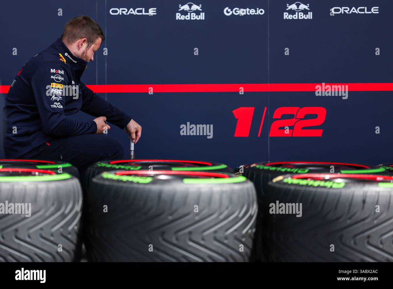 SUZUKA, JAPAN - APRIL 3: Red Bull works on intermediate Tyres during ...