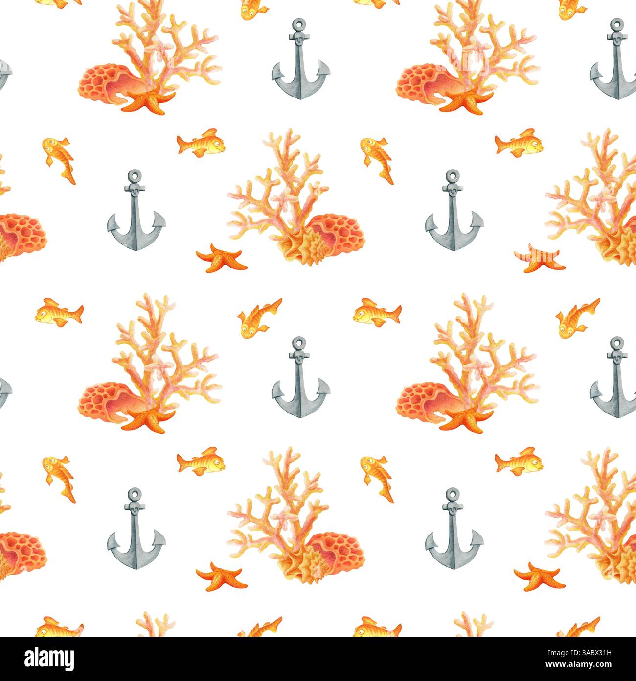 Seamless pattern in watercolor with underwater world, fish, anchors ...