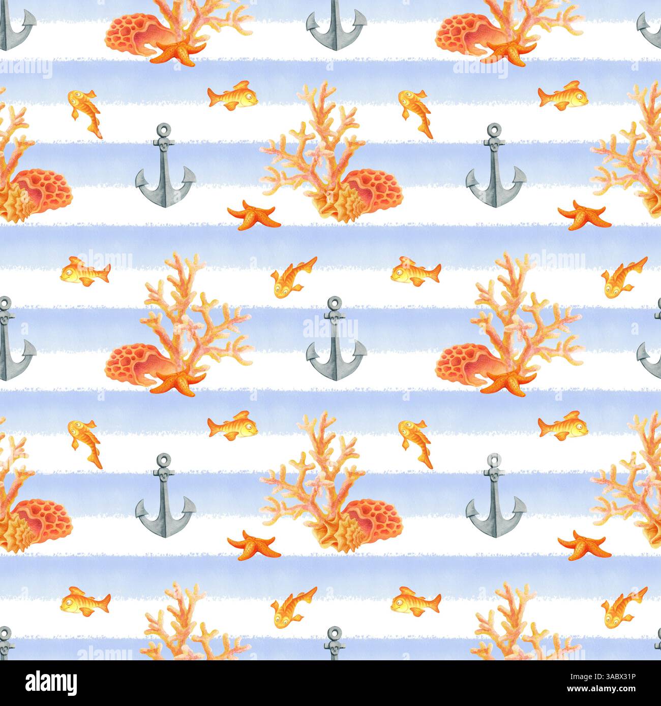 Watercolor seamless pattern with fish, anchors, seashells, starfish and ...