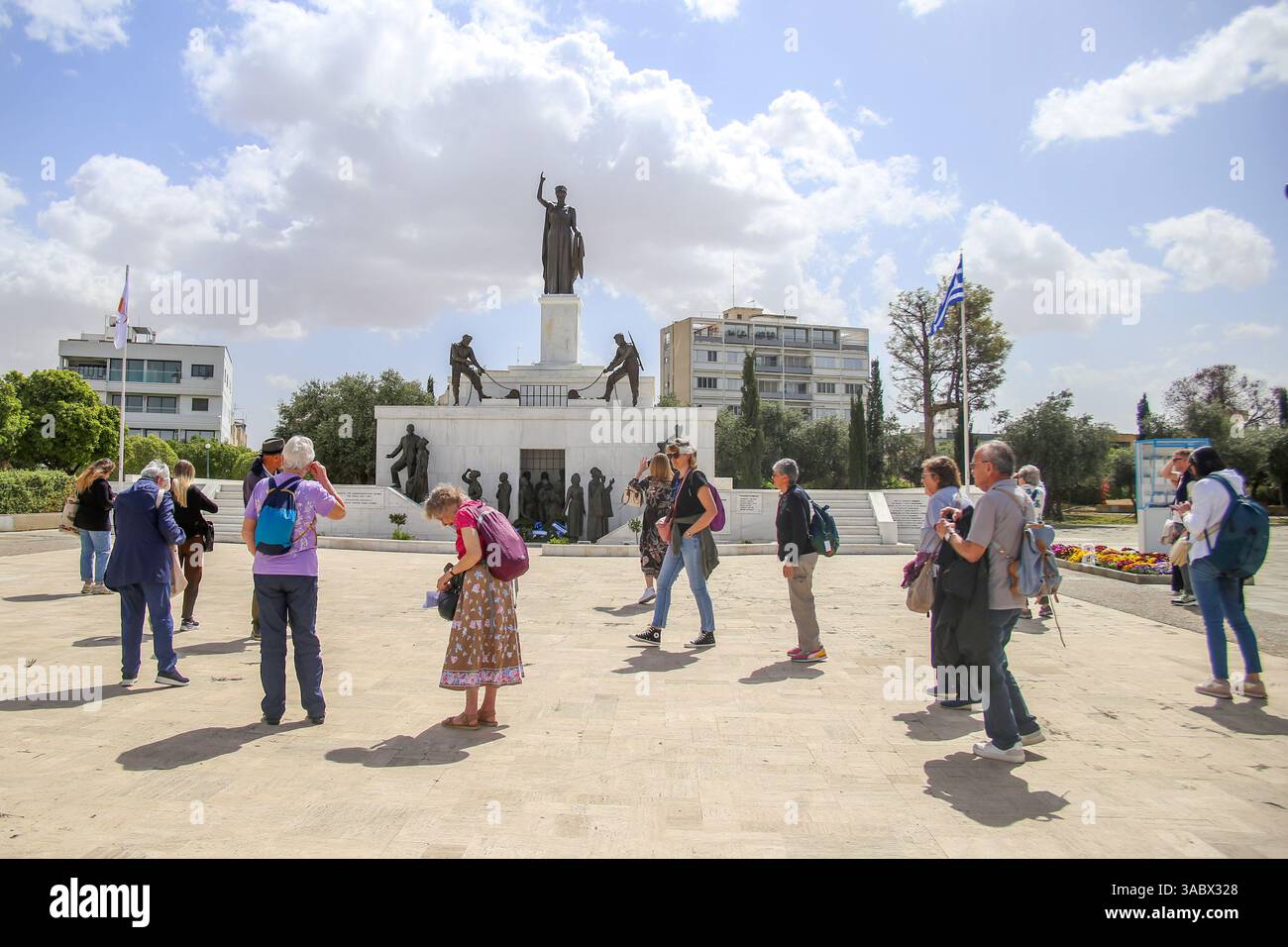 Nicosia, Cyprus. 2nd Apr, 2025. Tourists visit the Liberty Monument in ...