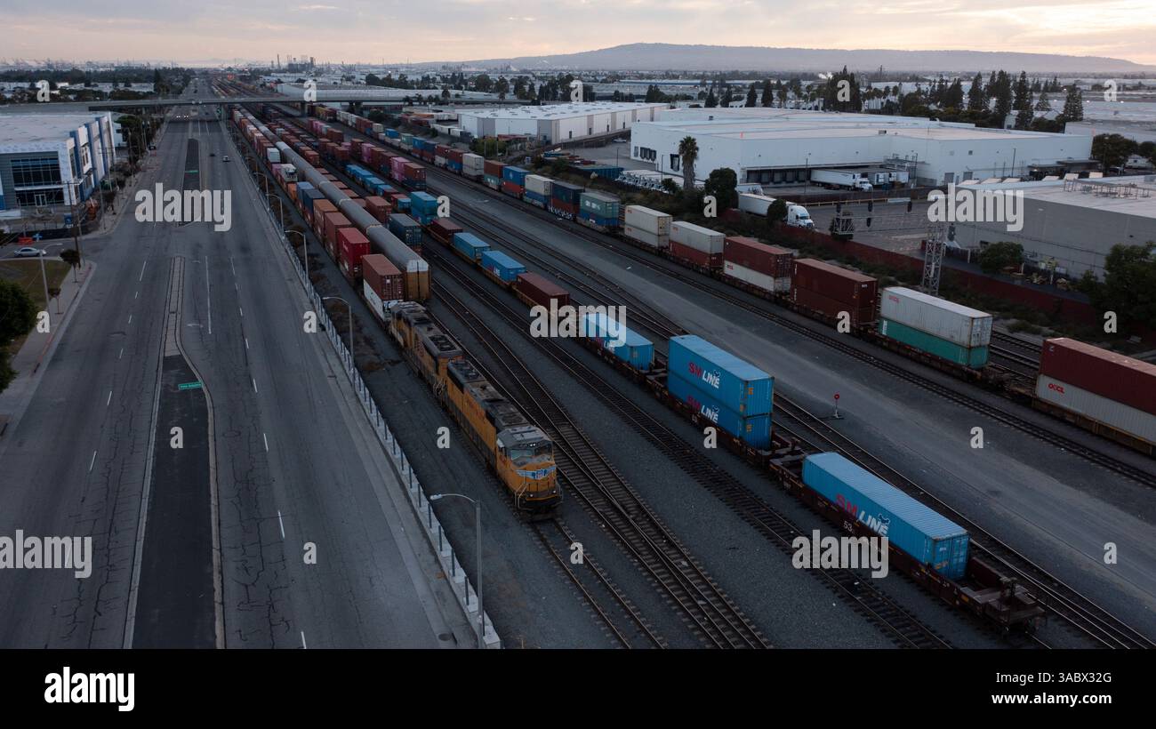 Carson, California, USA - April 2, 2025: An inter-modal stack freight ...