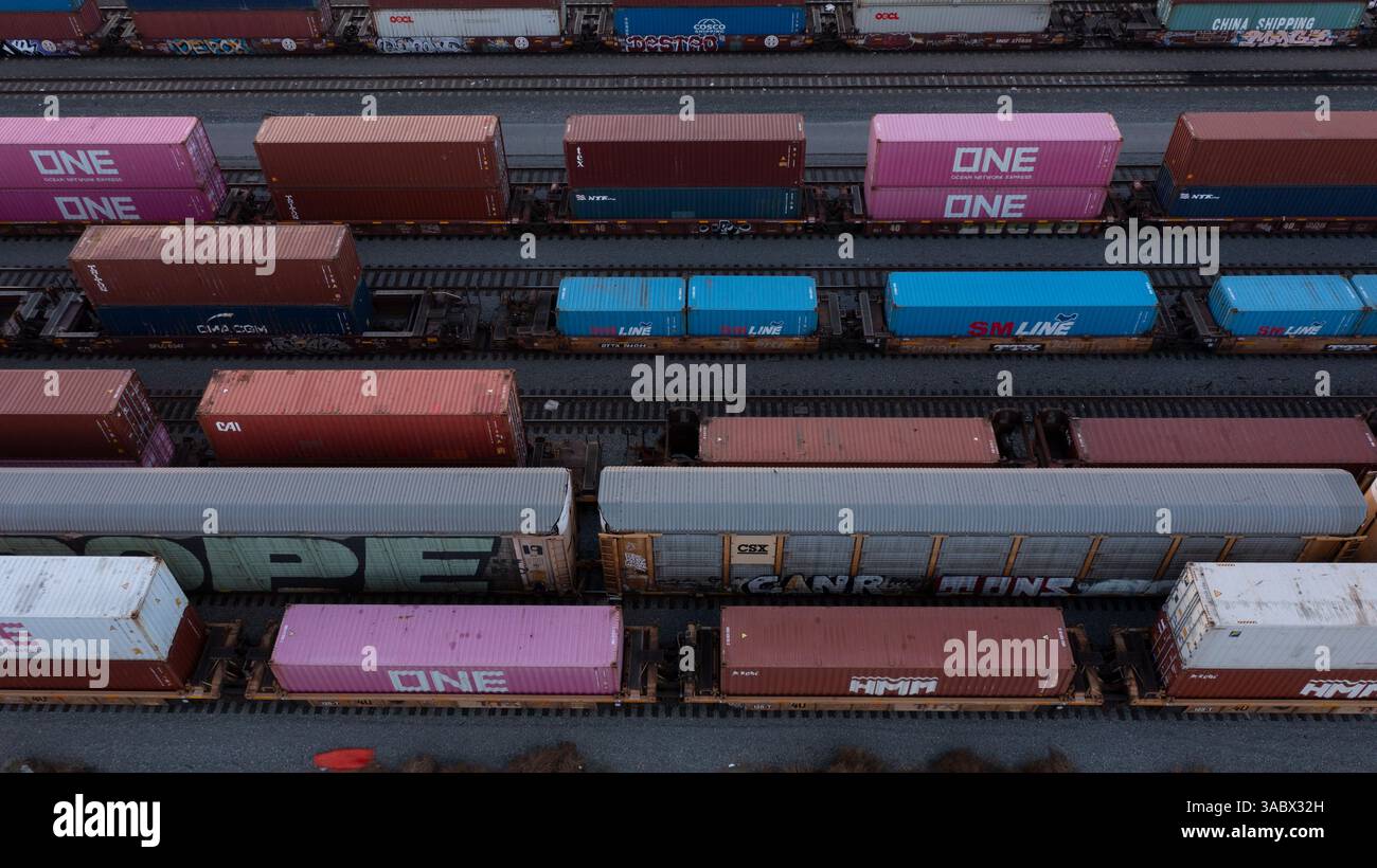 Carson, California, USA - April 2, 2025: An inter-modal stack freight ...