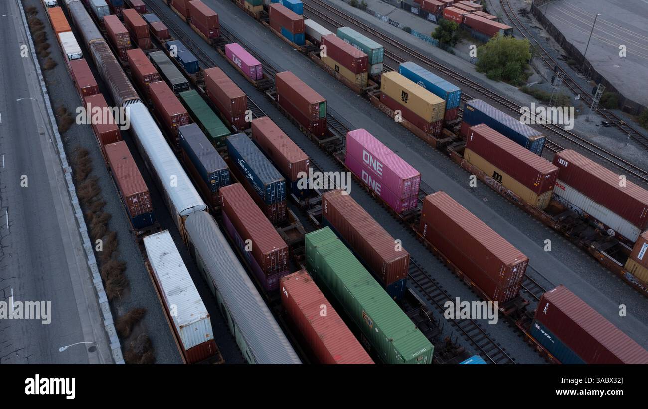 Carson, California, USA - April 2, 2025: An inter-modal stack freight ...
