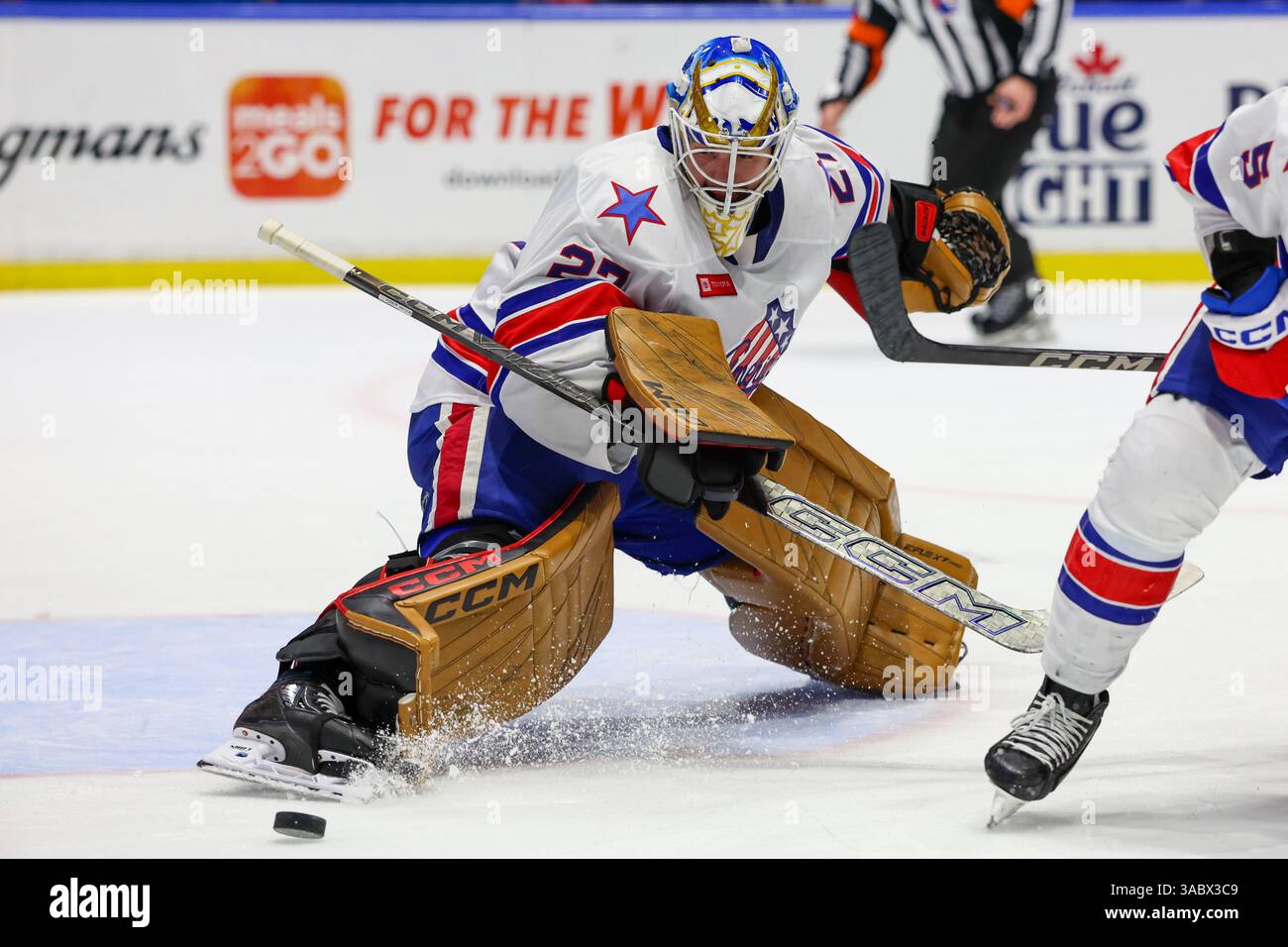 April 2nd 2025: Rochester Americans goaltender Devon Levi (27) makes a ...