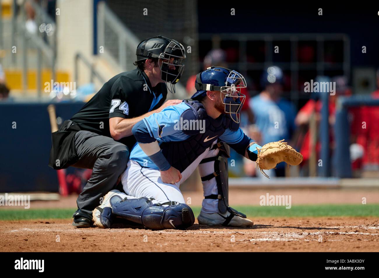 Umpire John Tumpane and Tampa Bay Rays catcher Danny Jansen (19) during ...
