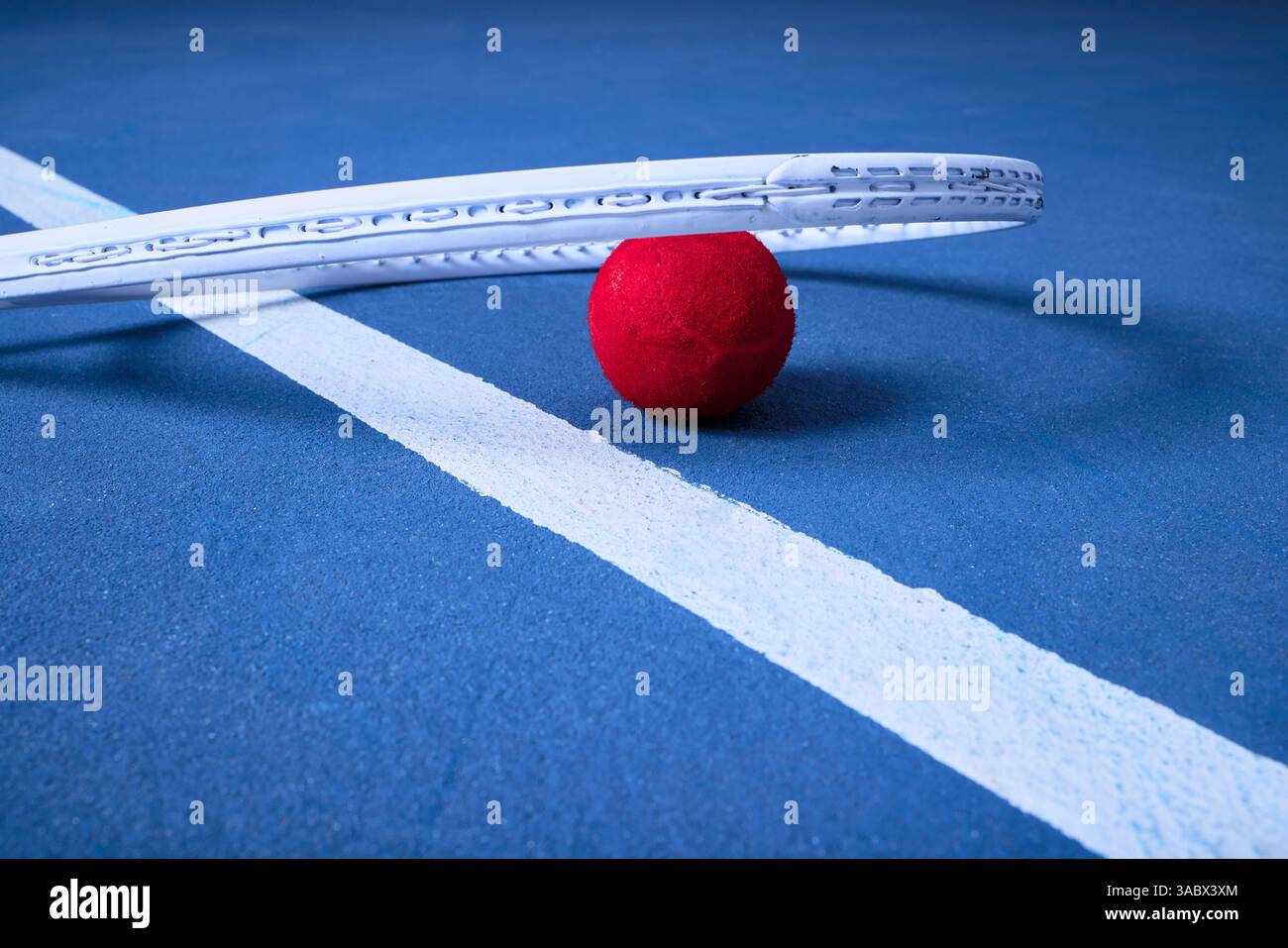 Red ball, tennis court and game with racket for sport, training and ...